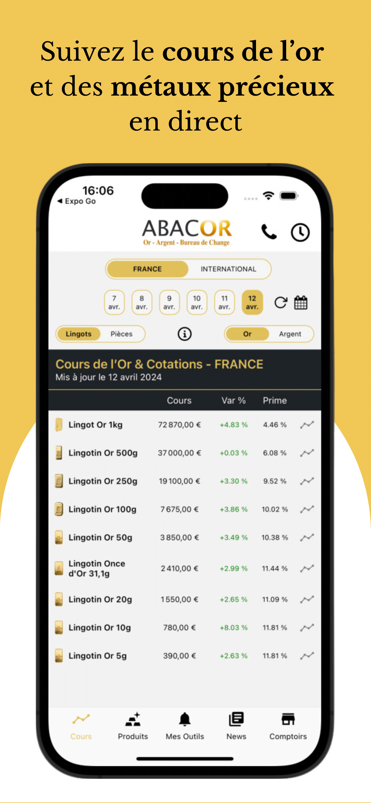 Cours de l'Or en temps réel | Prix de l'or boursable (Lingot Pièce Or)